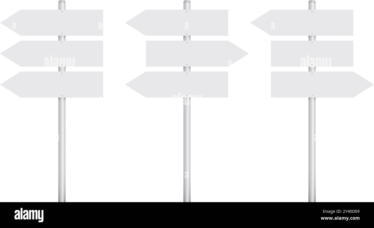 Three white street signs with arrows pointing in different directions ...