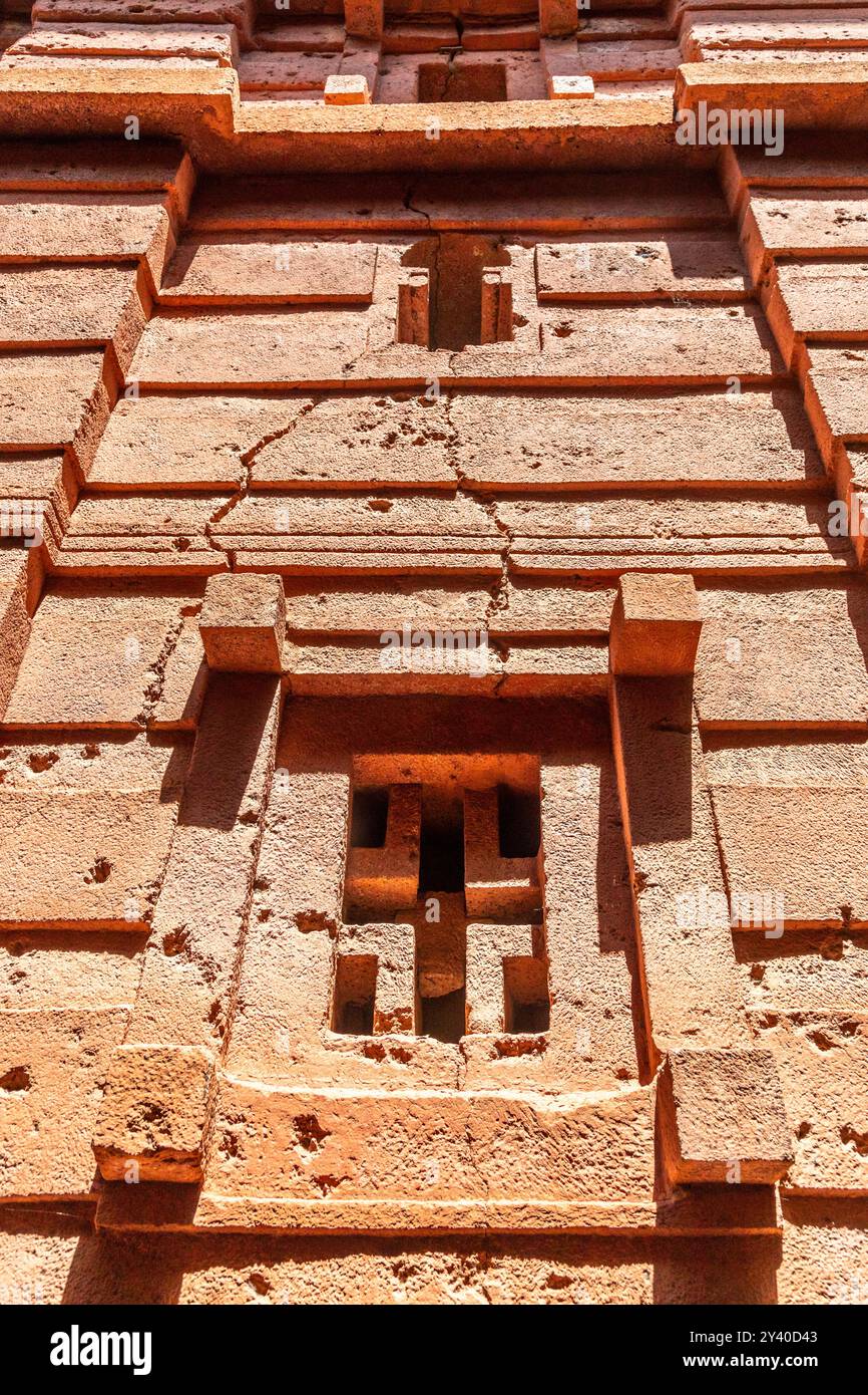 Cross shaped windows of rock hewn monolithic ortodox church of Biete ...