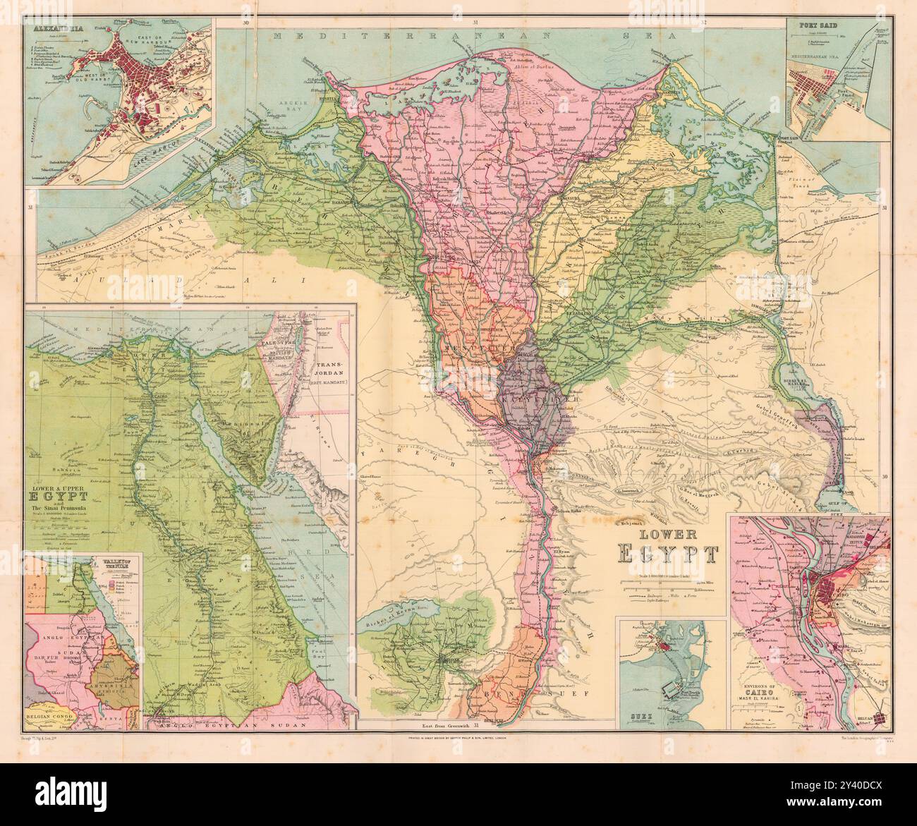 Vintage Map of Lower Egypt by George Philip &Son, circa 1920s Stock ...