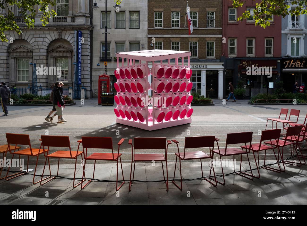 Pink structure with round panels, Somerset House, London. Public art ...