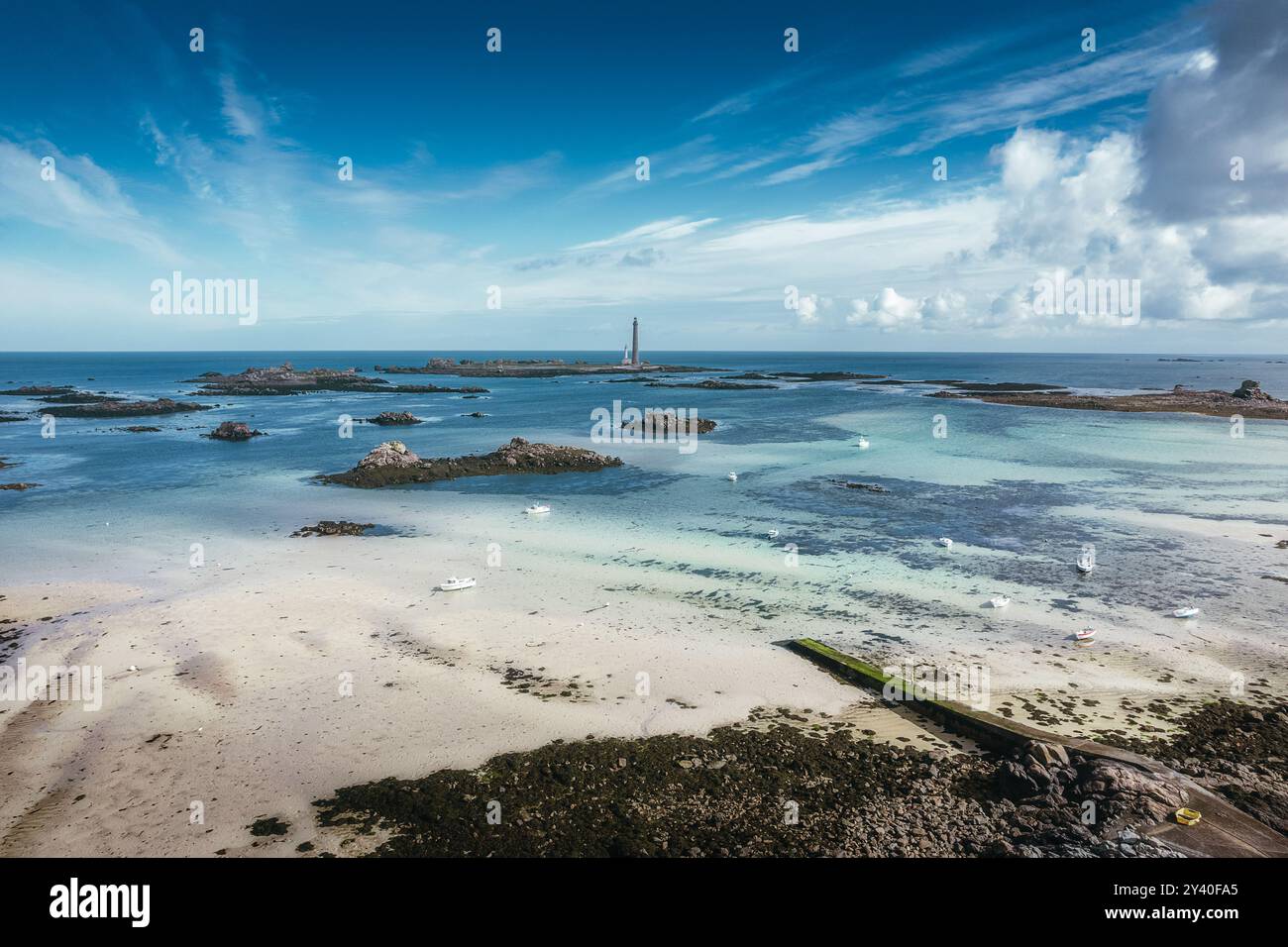 Aerial view of the Phare de l'île Vierge, lighthouse in Brittany ...