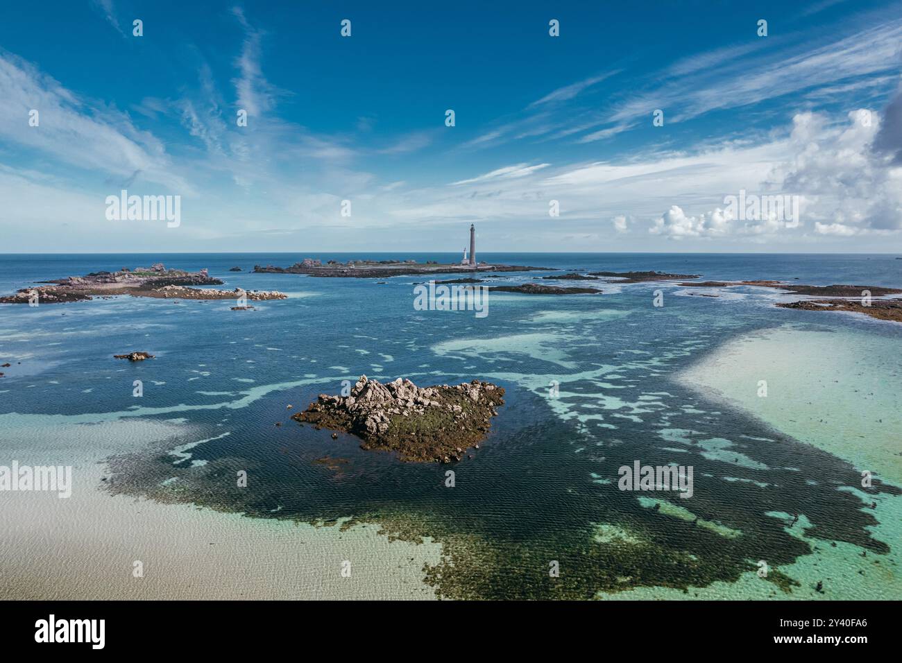 Aerial view of the Phare de l'île Vierge, lighthouse in Brittany ...