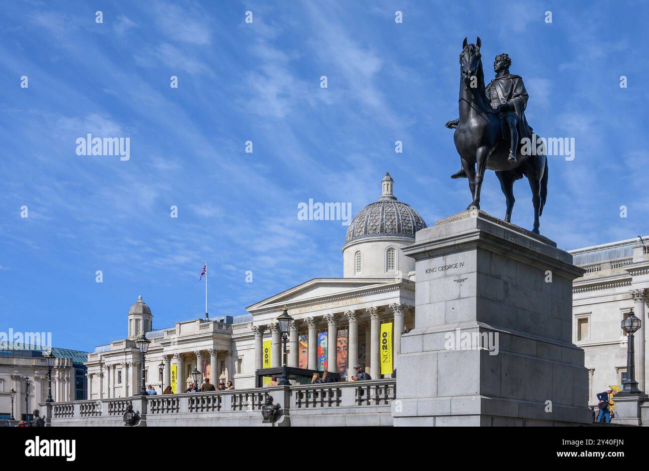 London, UK. National Gallery and equestrian statue of King George IV ...