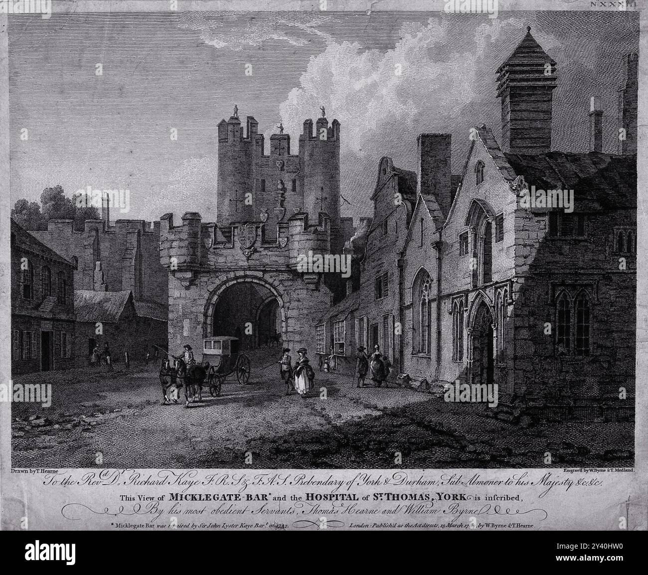 The engraving depicts Micklegate Bar and the adjacent Hospital of St ...