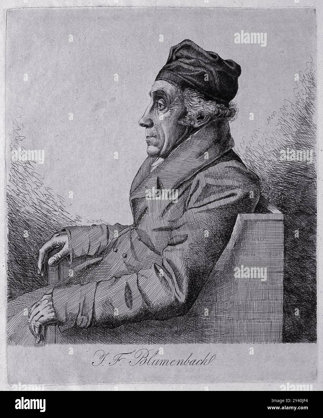This etching features Johann Friedrich Blumenbach in profile, seated ...