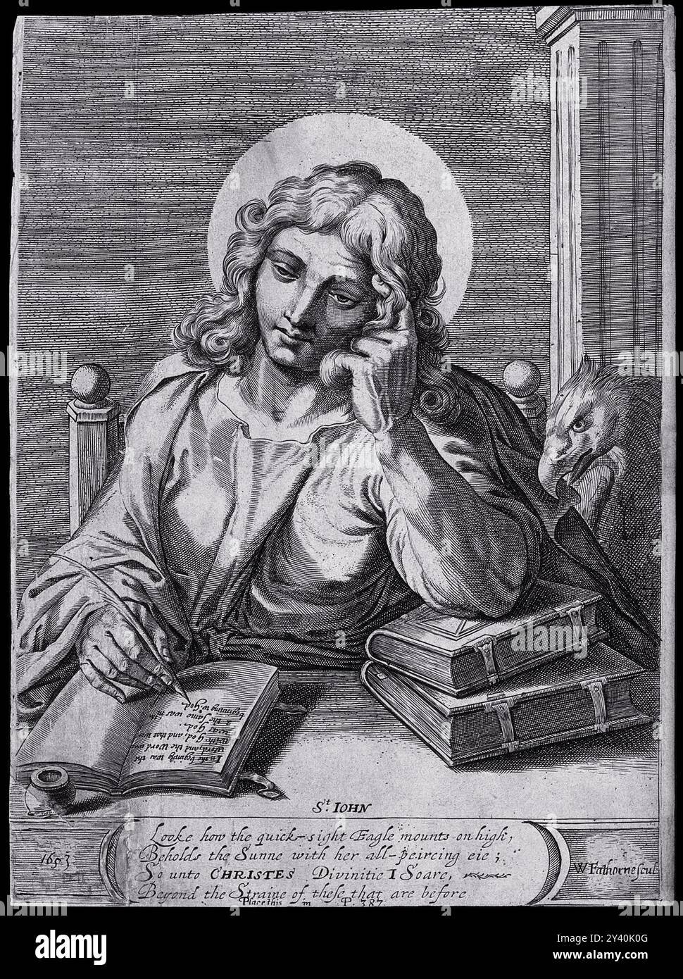 Saint John the Evangelist is portrayed deep in thought while writing ...