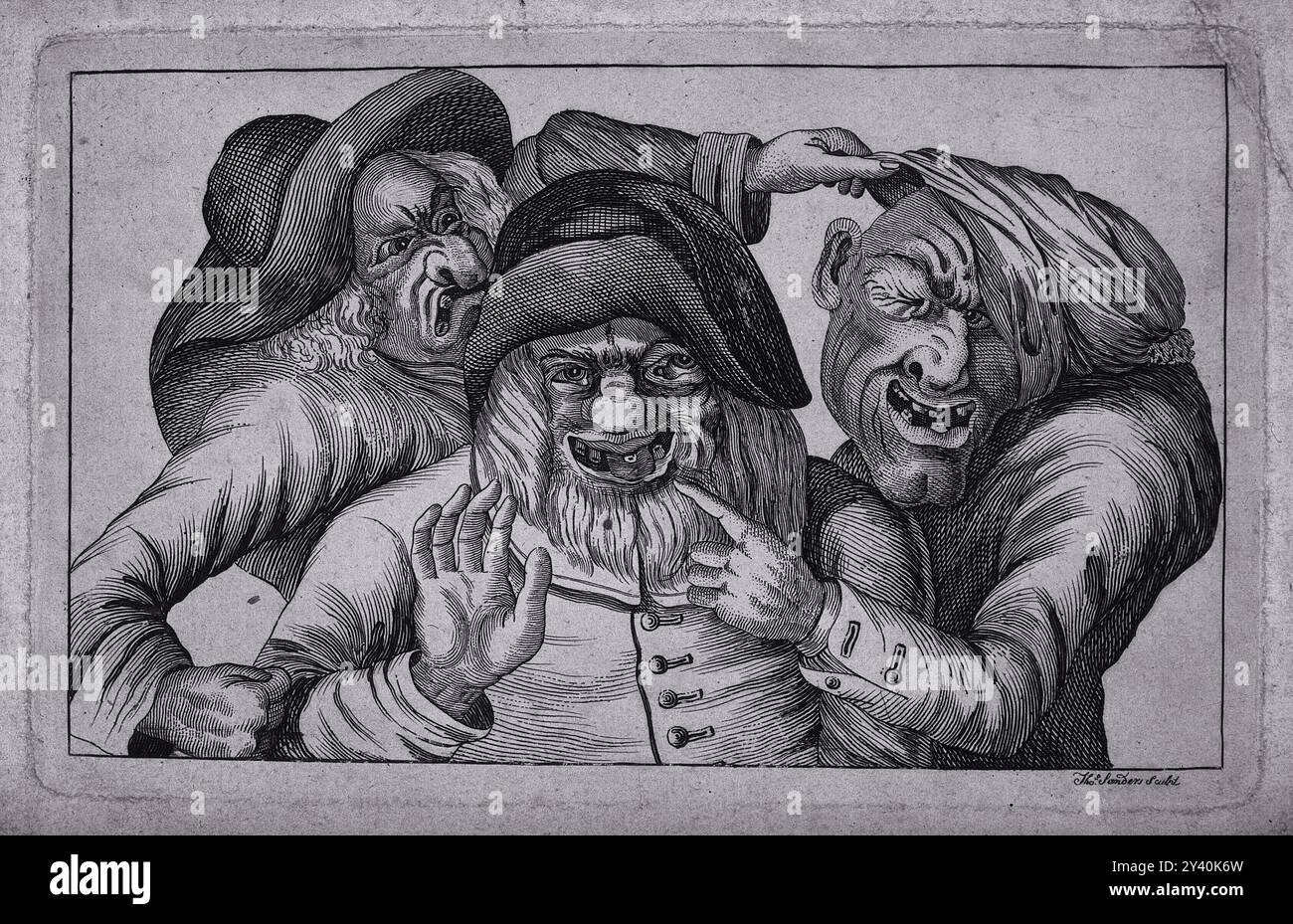 Three old men with grimacing faces and missing teeth engage in a ...