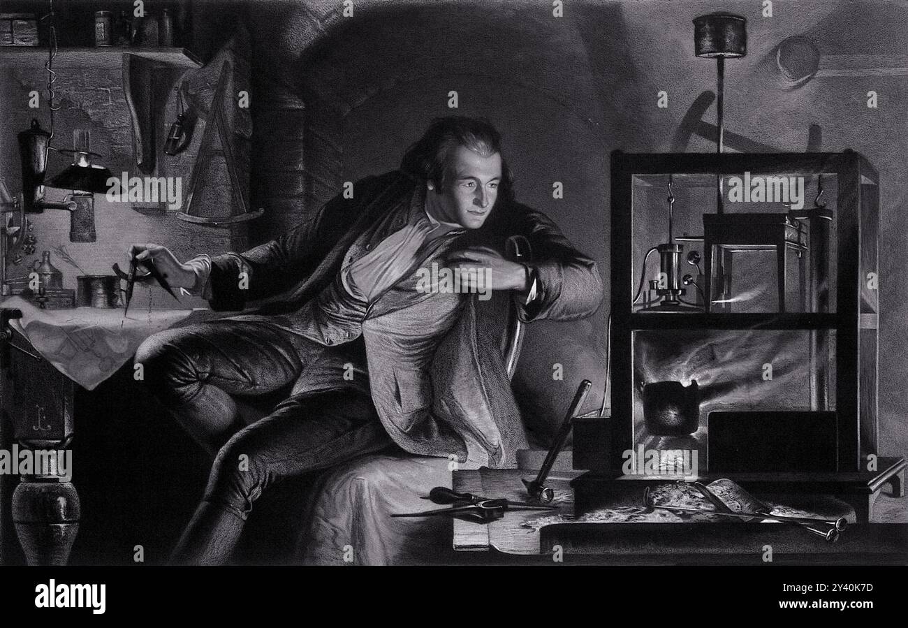 The etching illustrates James Watt engaged in innovative work at his ...