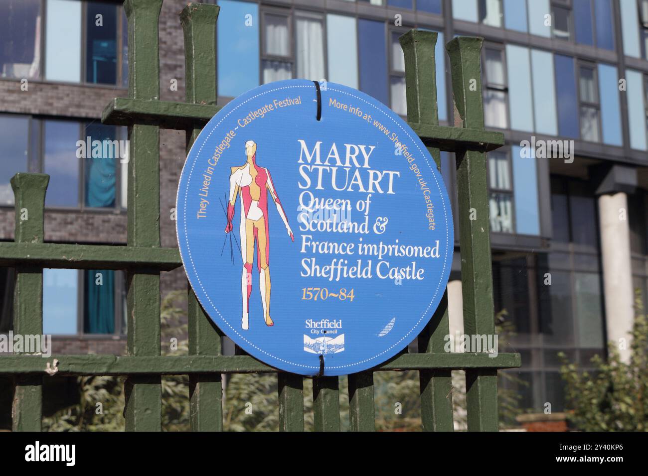 A temporary blue plaque outside the former castle in Sheffield England ...
