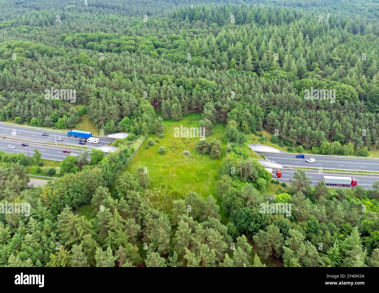 Aerial from ecoduct De Woeste Hoeve on the Veluwe at the highway A50 in ...
