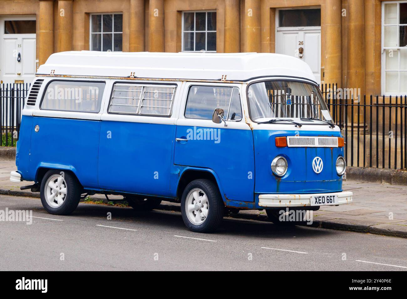 vintage 1978 two-tone blue white volkswagen T2 bay camper van parked in ...