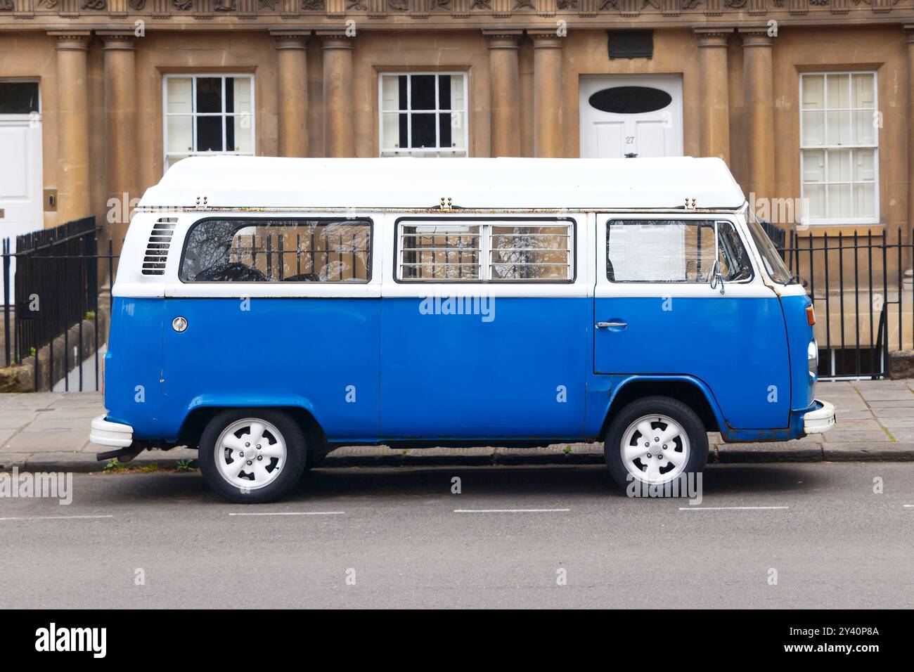 vintage 1978 two-tone blue white volkswagen T2 bay camper van parked in ...