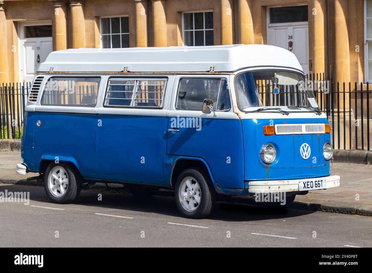 vintage 1978 two-tone blue white volkswagen T2 bay camper van parked in ...
