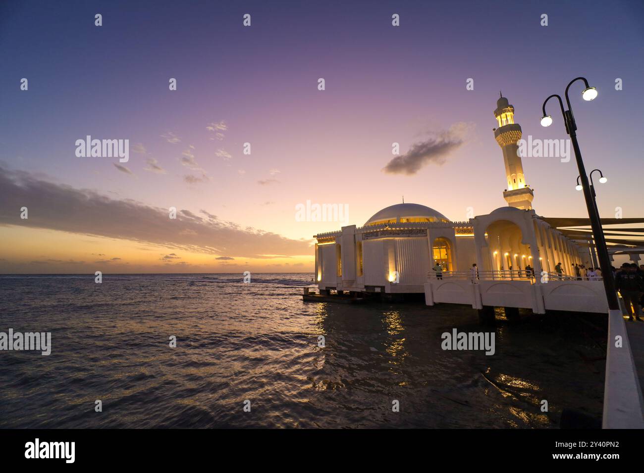 Al Rahmah floating mosque at sunset with sea in foreground , Jeddah ...