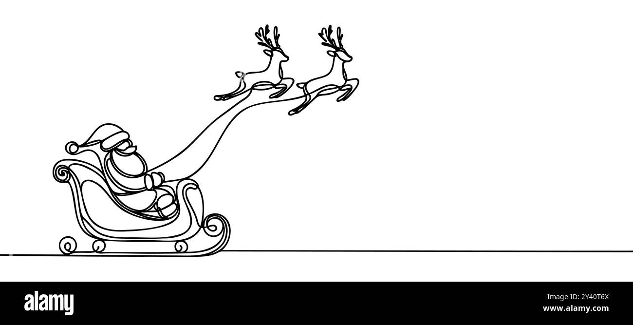 Santa Claus on a sleigh with Christmas reindeer in harness one line art ...