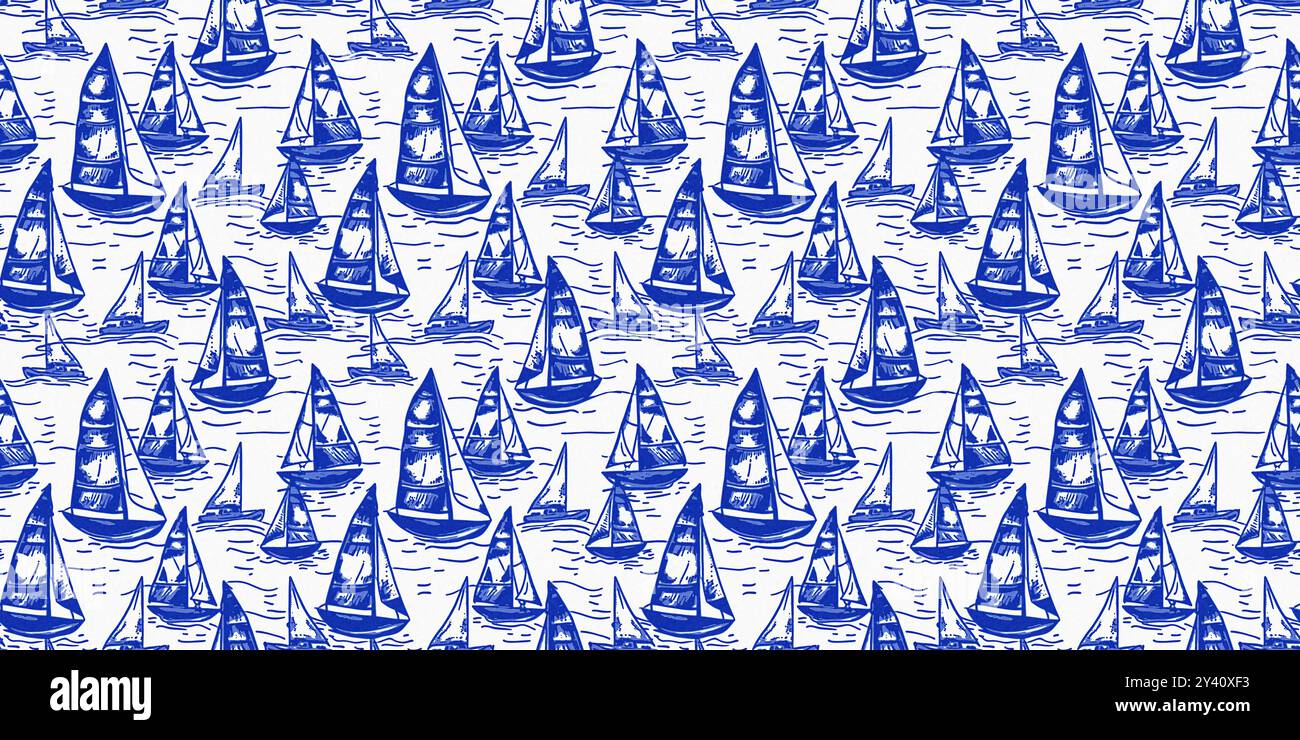 Modern sailing race boat block print banner for decorative coast ...