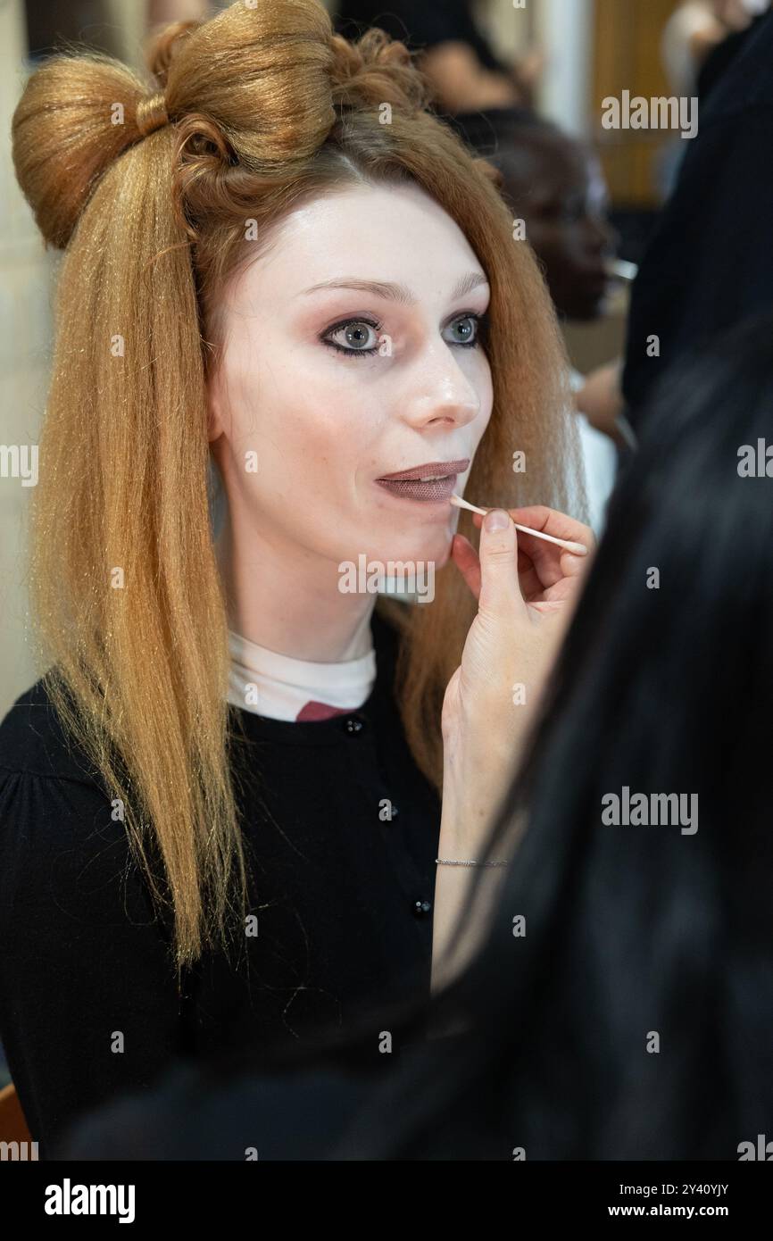 London, UK. Sunday September 15, 2024. A model backstage at the Sinead ...