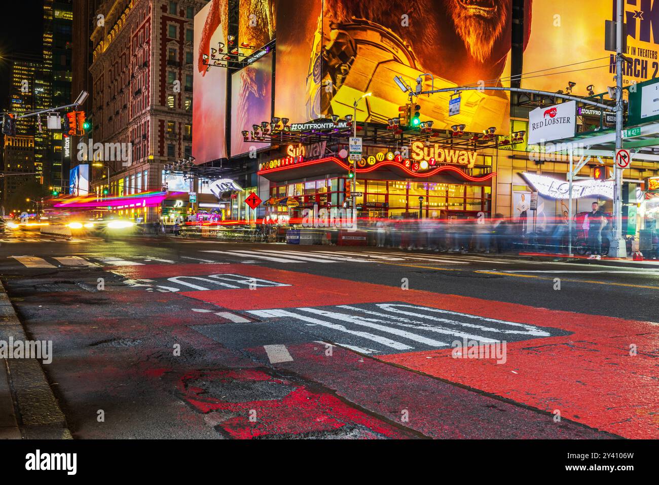 Night view of Manhattan's Broadway on W42nd Street with skyscrapers and ...