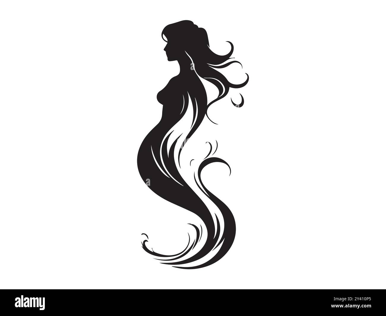 Elegant black silhouette of a woman with flowing hair on a white ...