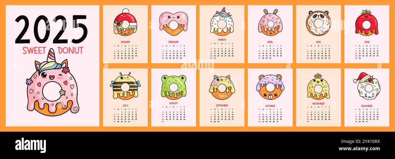 Cute sweet donut calendar 2025. Funny cartoon kawaii character mascot ...