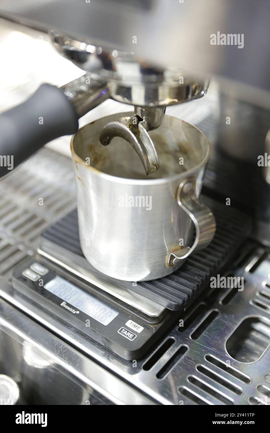 Espresso shot brewing into a metal cup with a professional espresso ...