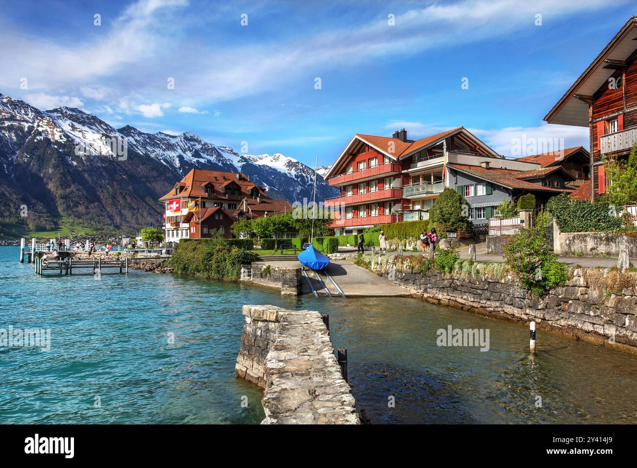 The little port of Iseltwald on Brienz Lake, Switzerland Stock Photo ...
