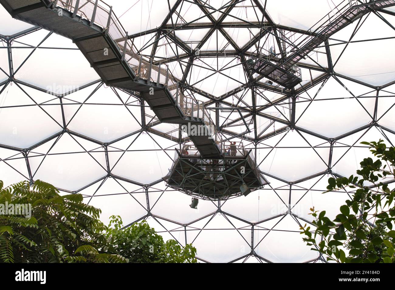 An intricate geometric structure of a dome with a suspended walkway and ...