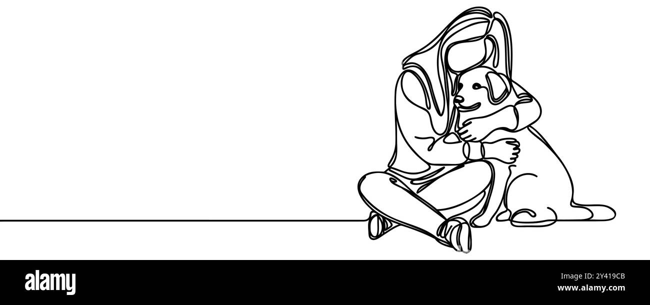 Friendship between human and animal in line art style vector. Dog with ...