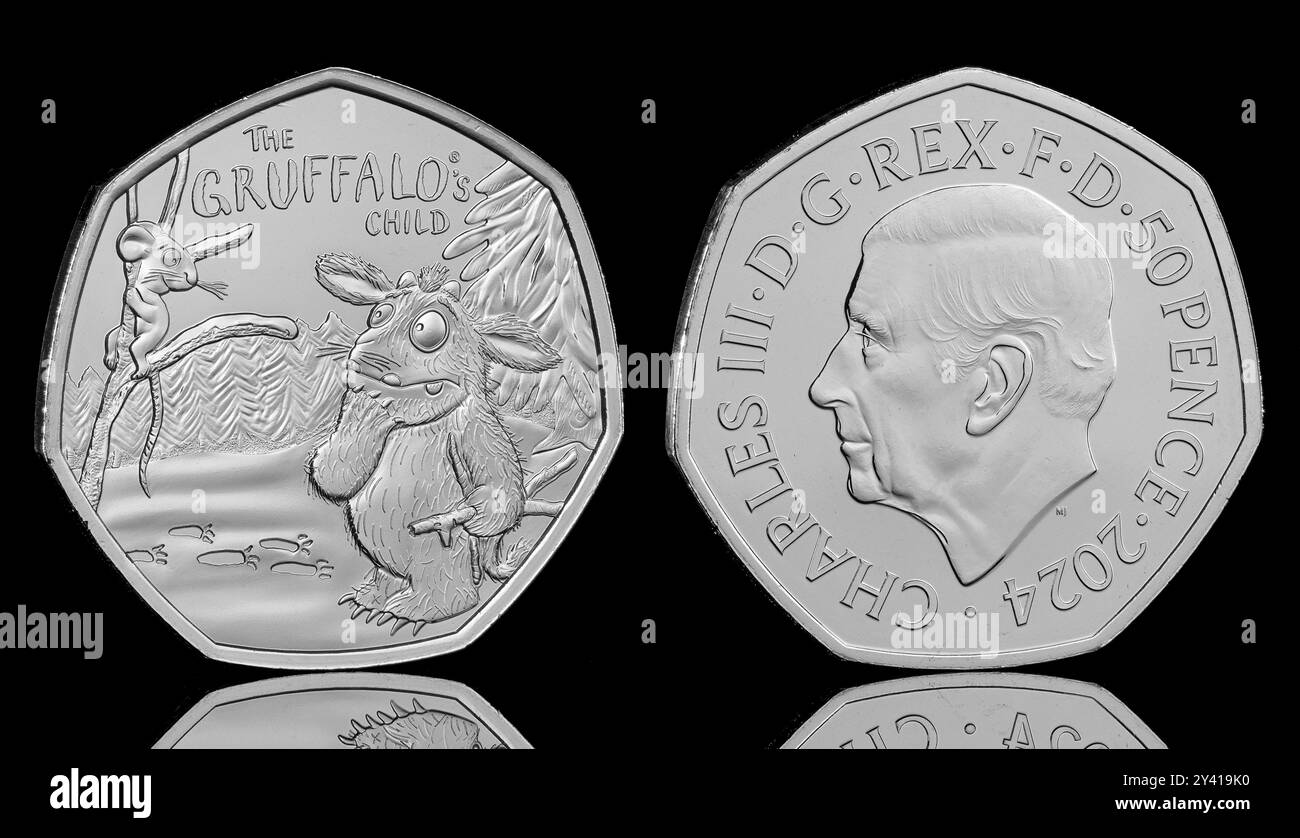 2024 The Gruffalo's Child 50p coin. The obverse shows a portrait of ...