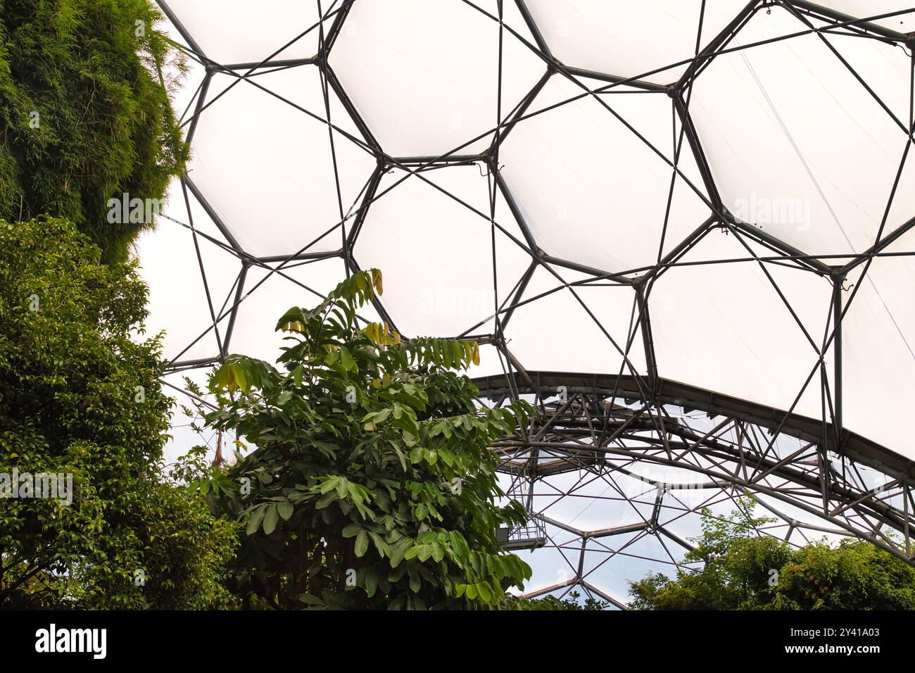 A close-up view of a geodesic dome structure with a white canopy ...