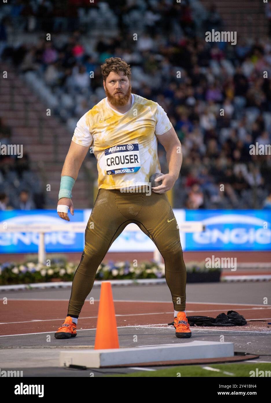 Ryan Crouser of the USA competing in the men’s shot put at the Memorial ...