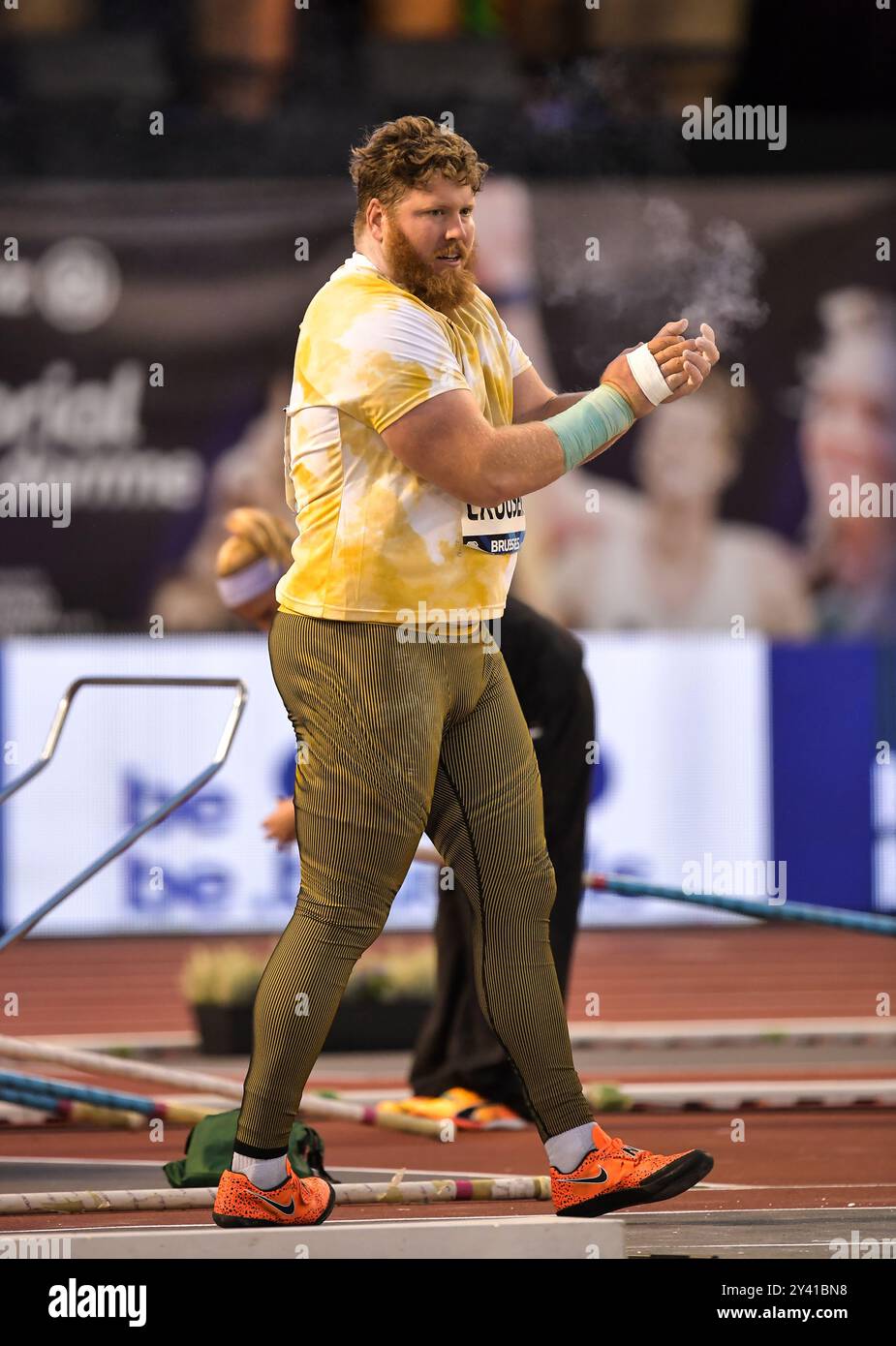 Ryan Crouser of the USA competing in the men’s shot put at the Memorial ...