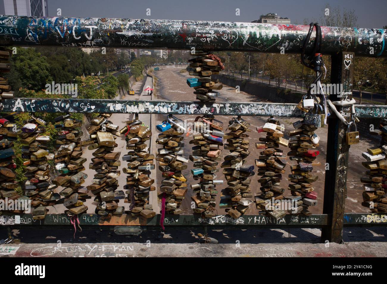 Colorful bridge view of love locks in South American Pacific city with ...
