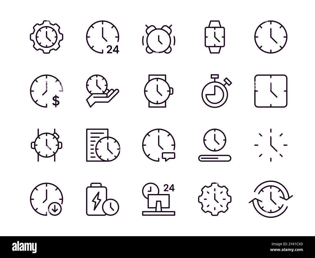 Time icons. Hour clock. Alarm watch line symbol. Date calendar. Timer dial. Stopwatch and ...