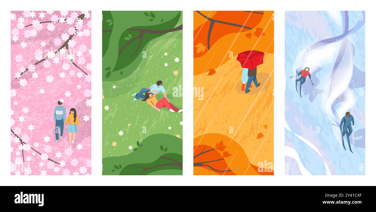 Seasonal backgrounds. Man and woman walking outdoor. Spring sakura ...