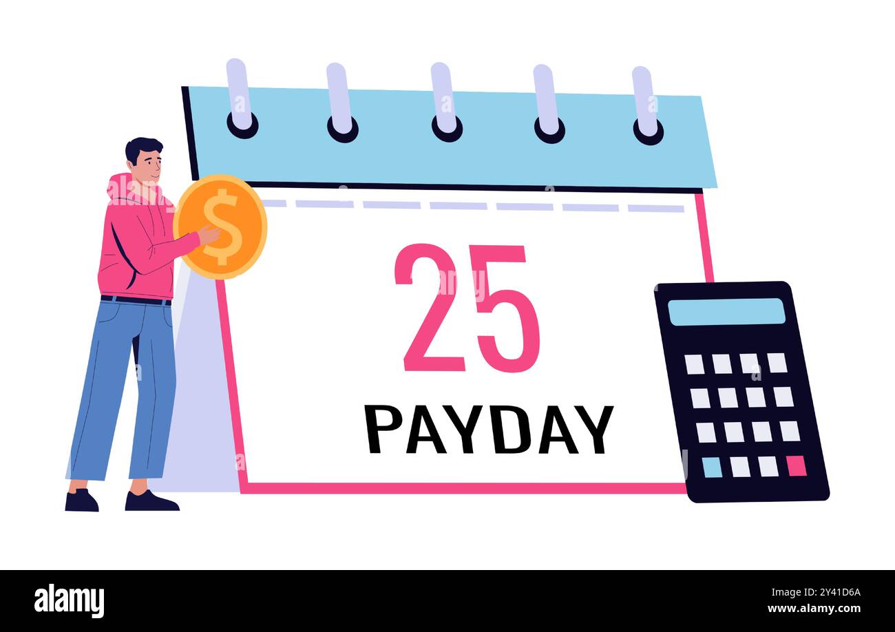 People with coins. Payday at calendar. Man waiting salary. Pay day ...