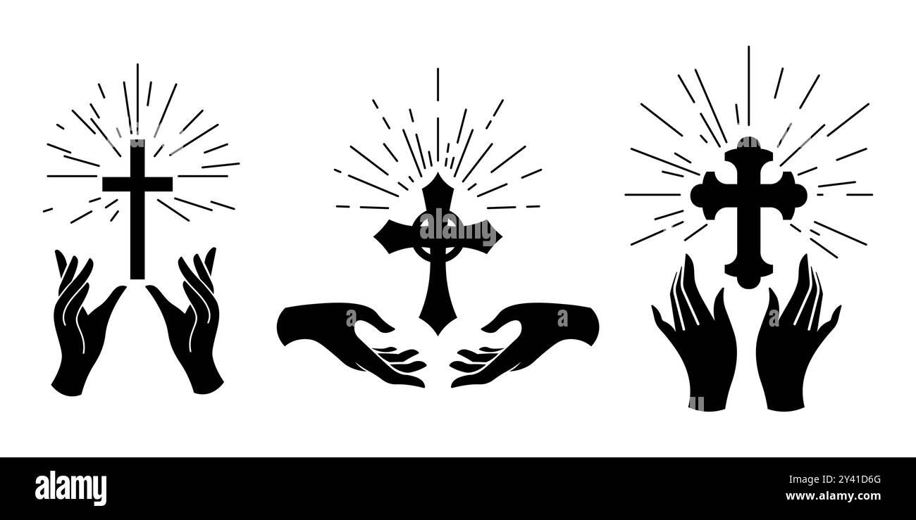 Christian logo. Catholic cross. Hands in pray. Arm gesture. Religious ...