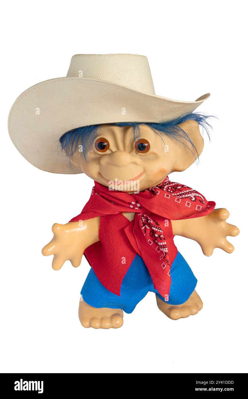 Troll doll with blue hair is dressed like a cowboy with hat & red ...