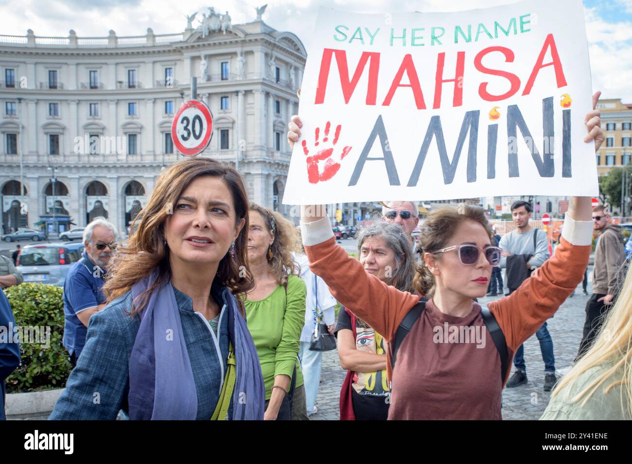 Rome, Italy. 14th Sep, 2024. LAURA BOLDRINI(L) near a protester showing ...