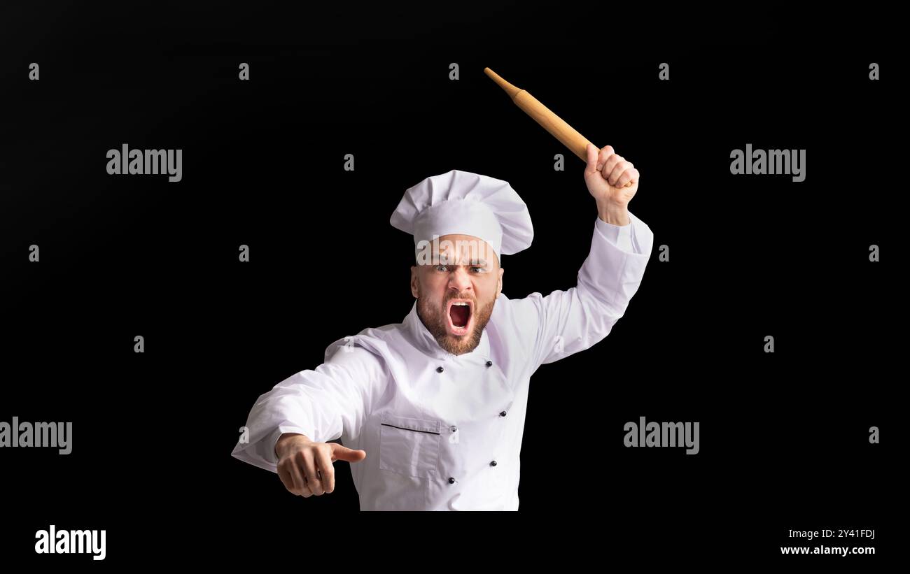 Angry Chef Bakerman Raising Rolling Pin Threateningly, Studio Shot ...