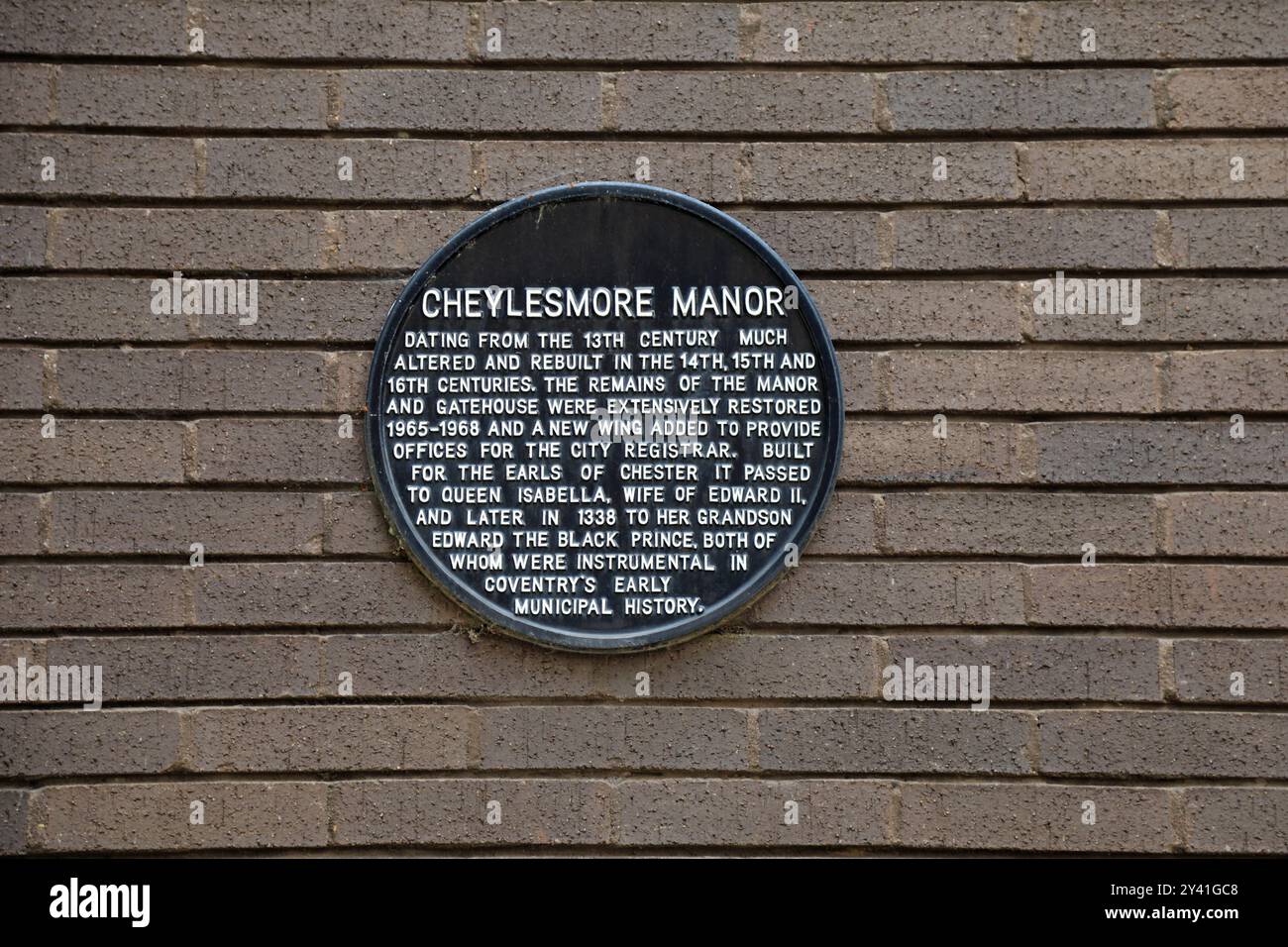 Cheylesmore Manor information plaque in Coventry Stock Photo - Alamy