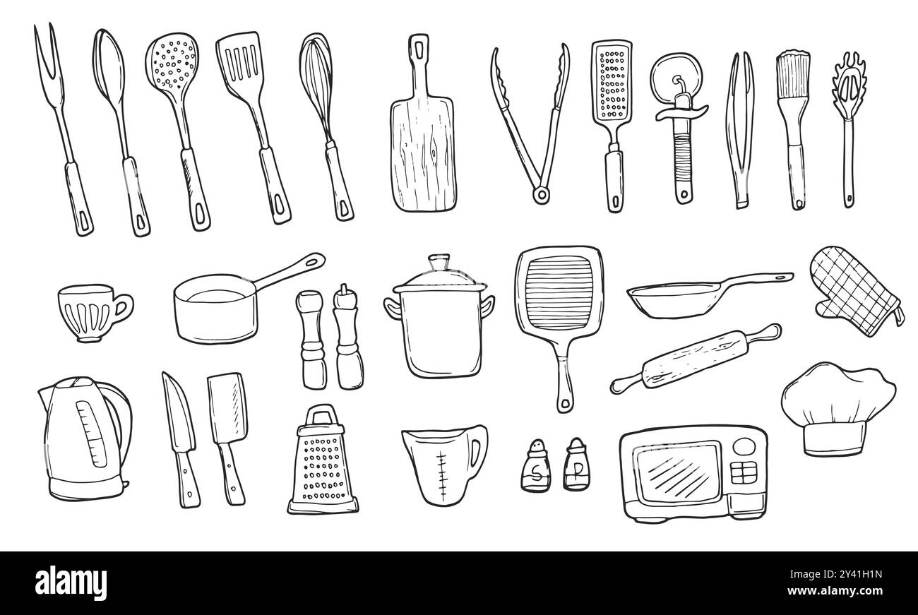 Set of doodle kitchen utensil outline in black isolated over white ...