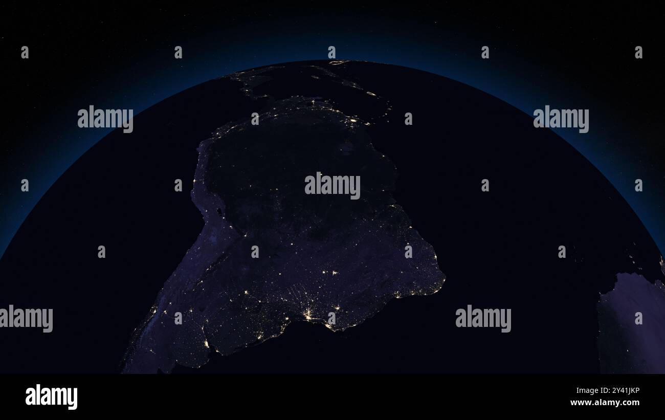 Planet Earth focused on South America by night. Illuminated cities on ...