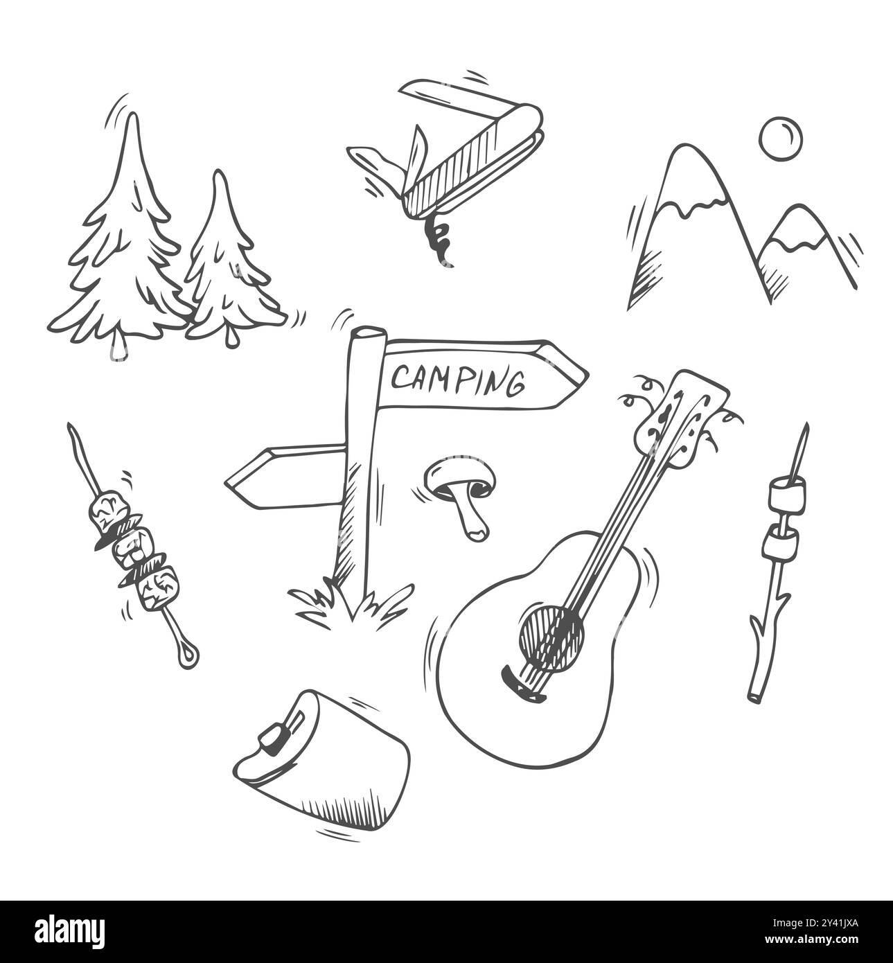 Set of vector pictures on the theme of camping. Doodle style. Suitable ...