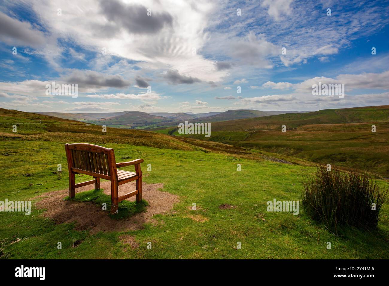 Views of the Pennines looking south from Abbotside Common. A wooden ...