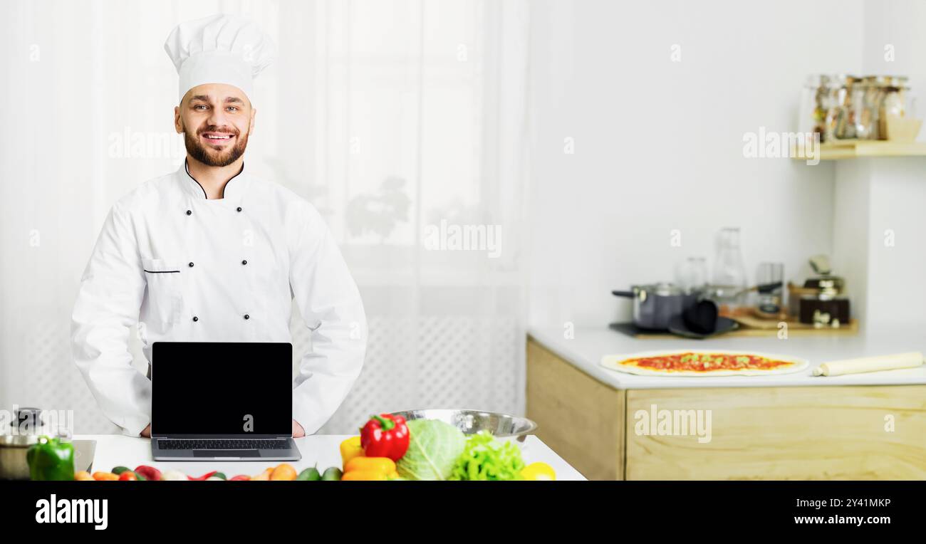 Male Chef Showing Laptop Computer Screen Standing In Kitchen, Mockup ...
