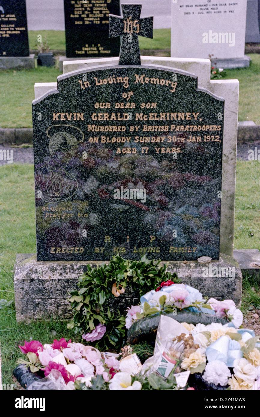 Flowers at the headstone marking the grave of Kevin McElhinney, as the ...