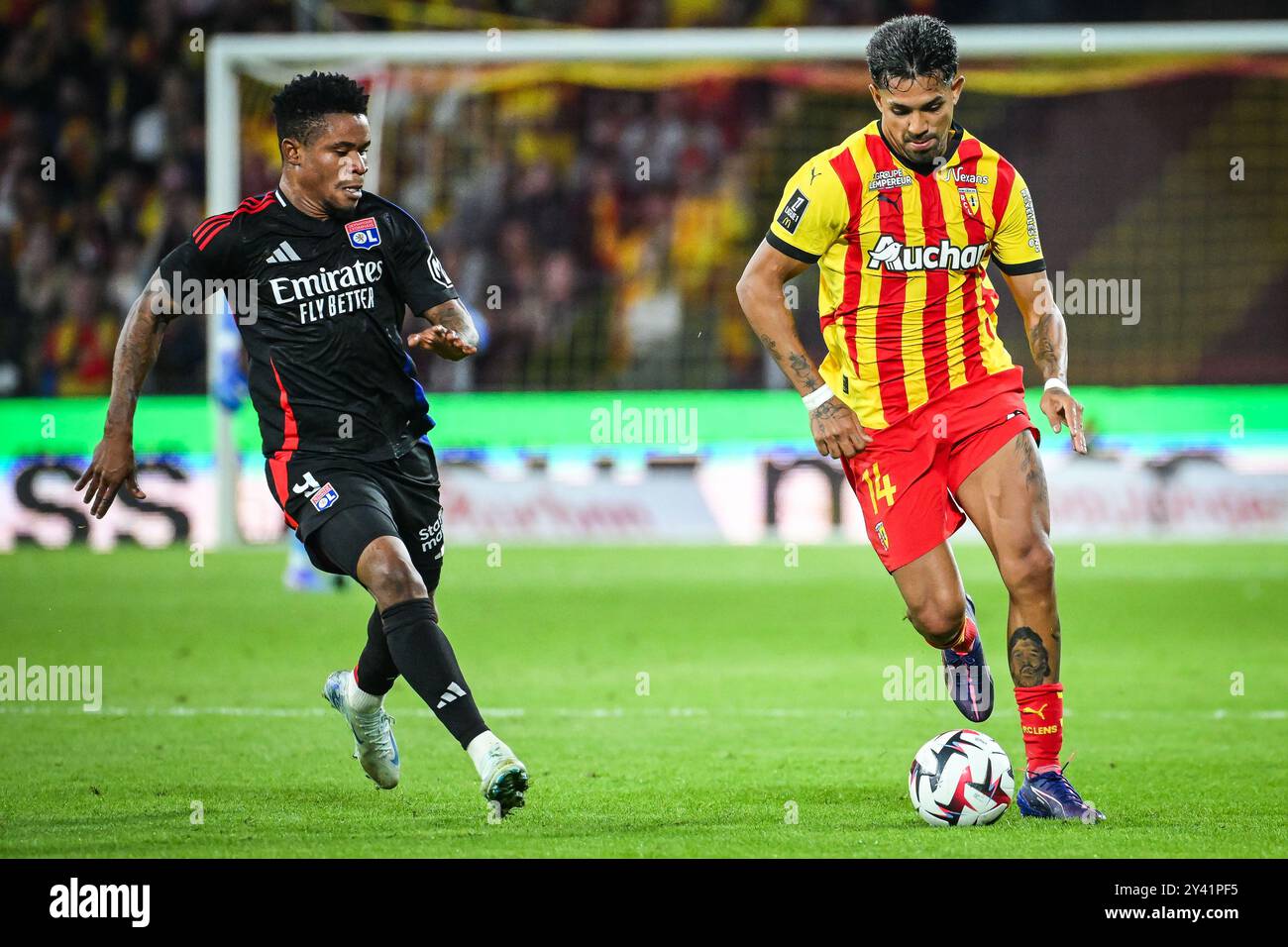 Gift ORBAN of Lyon and Facundo Axel MEDINA of Lens during the French ...
