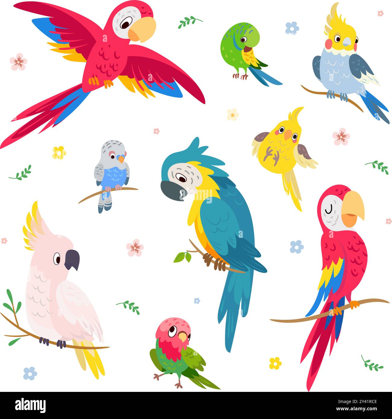 Cartoon parrots. Tropical parrot, exotic birds vibrant funny characters ...