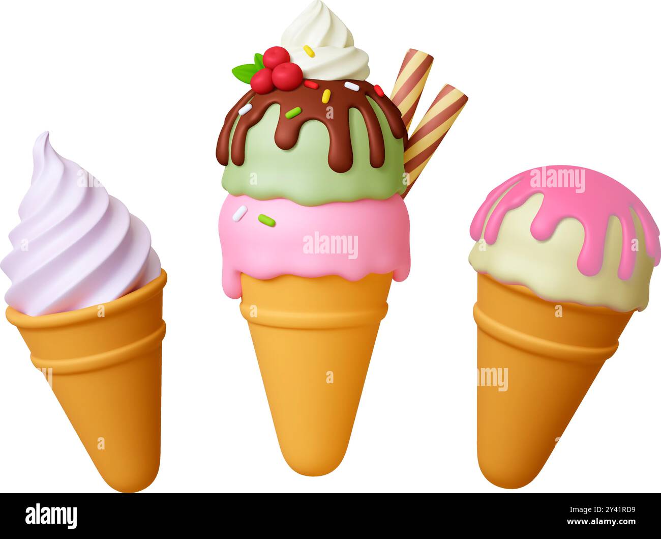 Ice cream cones 3d. Sweet ice cream with topping and berries. Creamy ...